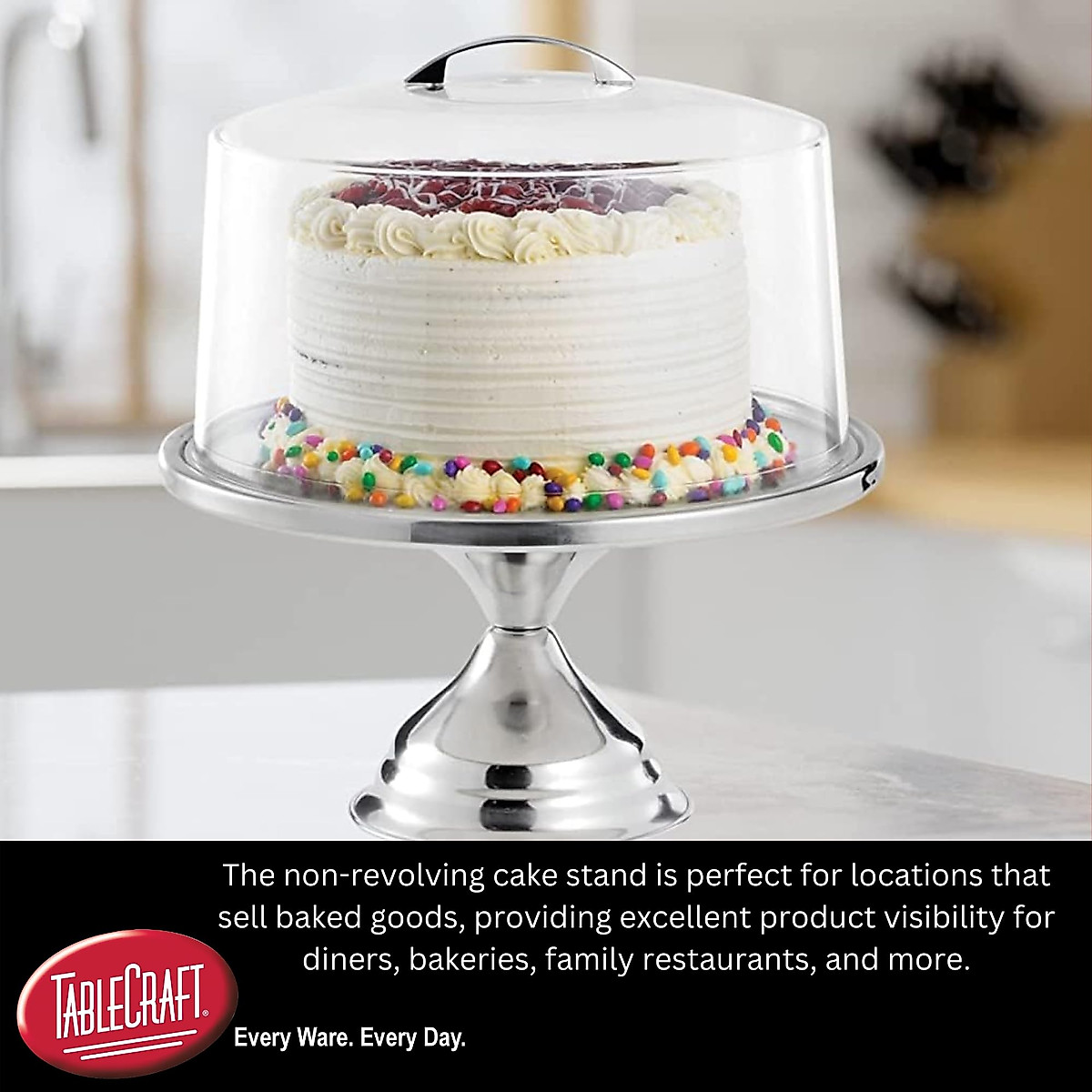 Tablecraft Cake Stand with Dome, Clear Acrylic Shatterproof Lid Cover with Stainless Steel Display Pedestal, Domed to Fit 12 Inches in Diameter Cakes, Pies and Pastry, Commercial Restaurant Use