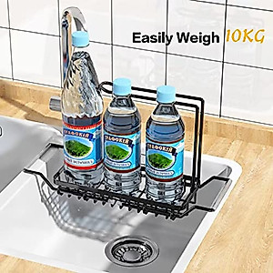 JUMBO FILTER Sponge Holder for Kitchen Sink, Telescopic Sink Storage Rack, Home Stainless Steel Sink Caddy Expandable (16.7"-21.3"), with Dishcloth Towel Holder (Black)