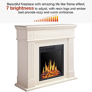 Joy Pebble 36'' Wood Electric Fireplace Mantel Package Freestanding Heater Corner Firebox with Log Hearth and Remote Control,750-1500W (Ivory White)