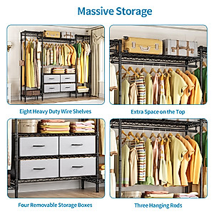 Large Garment Rack Heavy Duty Clothes Rack,Freestanding Closet Portable Clothing Rack with 8 Adjustable Wire Shelves,3 Hang Rods,4 Fabric Drawers,2 Hooks,Metal Closet Storage Wardrobe,MaxLoad 900lbs