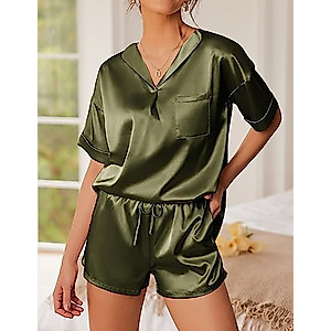 Ekouaer Silk Pajamas Womens Short Sleeve Sleepwear 2 Piece Pjs Shorts Set S-XXL Army Green