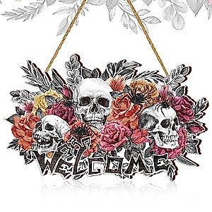 Huwena Halloween Welcome Door Sign Hanging Sign Wood Vintage Rustic Door Hanger Decor Halloween Horror Pattern Welcome Front Door Sign Wall Decoration for Indoor Outdoor Party (Skull Style)
