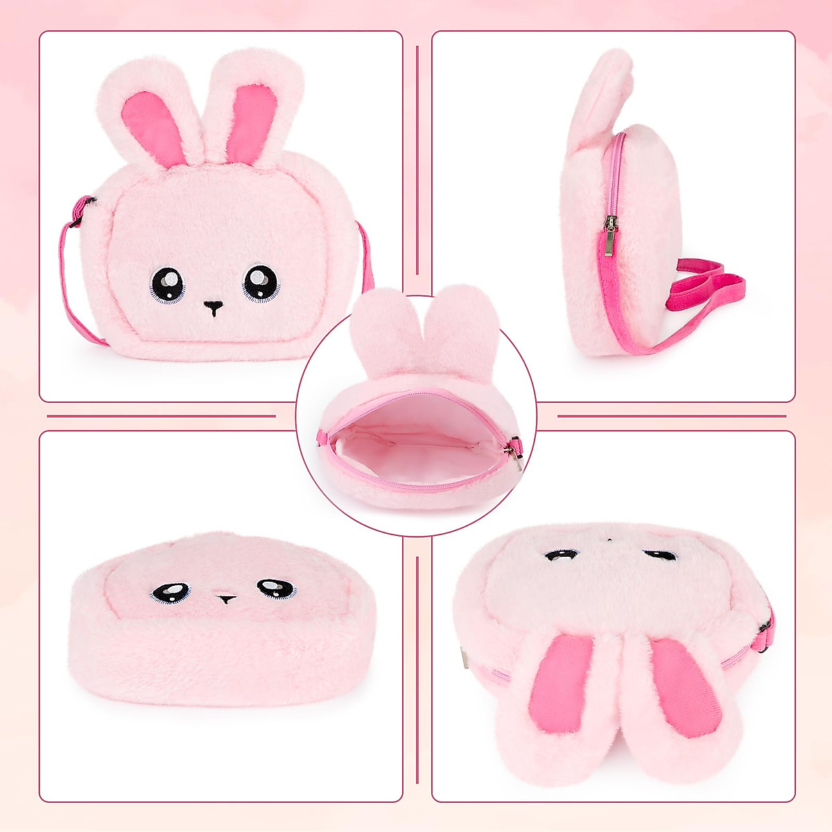 deAO Rabbit Bunny Plush Bag with 11.5" Fashion Doll, Cute Animal Backpack Cosmetic Purse Storage Bag, Doll with Fashion Plush Clothes Playset, Adjustable Strap Pink Fluffy Bunny Handbags for Girls