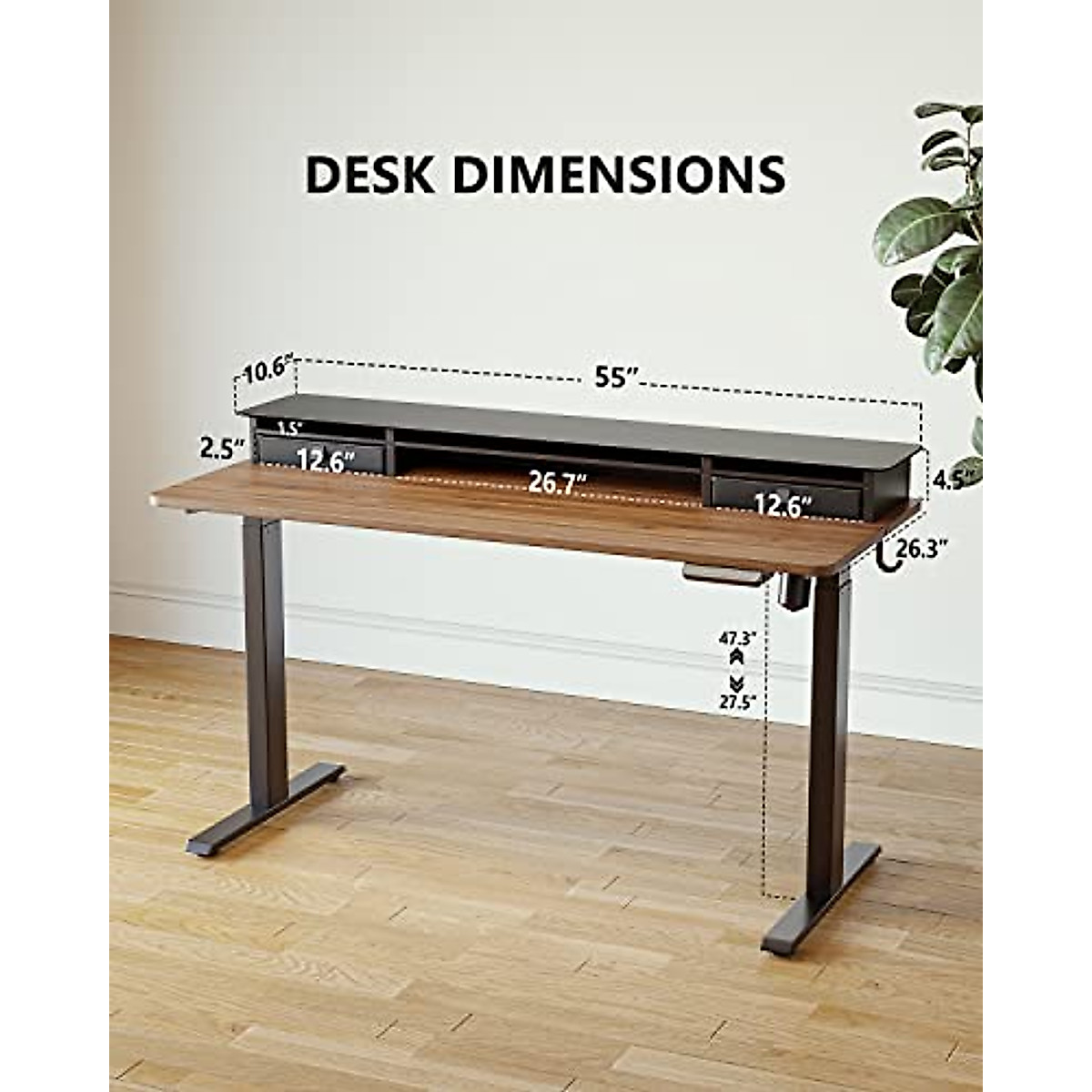 BANTI 55"x 26" Electric Standing Desk with Glass Top Monitor Stand, Adjustable Sit Stand Up Table with Double Drawer, Sit Stand Desk with Storage Shelf, Black Walnut Top