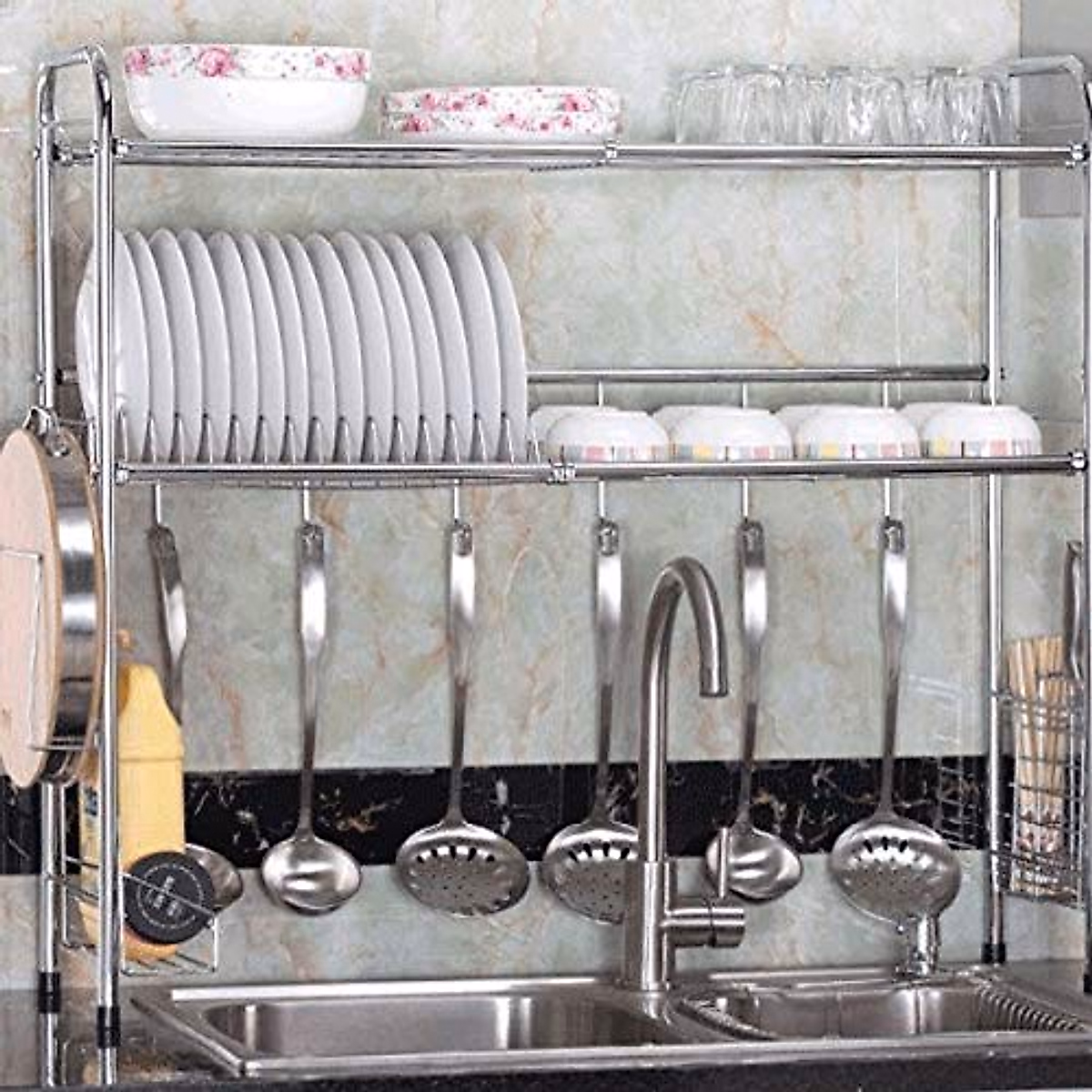 ZSQAI Double-layer Dish Board Rack Drain Storage Rack Shelf Bowl Cup Rack Anti-rust Cutting Board Kitchen Multifunctional Shelf