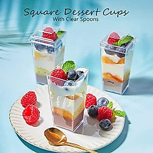 Zezzxu 50Pack 3oz Clear Plastic Dessert Cups with Spoons Mini Square Tall Tumbler Sample Cups for Serving Party Desserts, Appetizers, Fruit Parfait, Mousse, Pudding