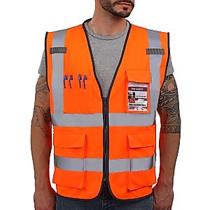 Dib Safety Vest Reflective ANSI Class 2, High Visibility Vest with Pockets and Zipper, Construction Work Vest Hi Vis Orange L