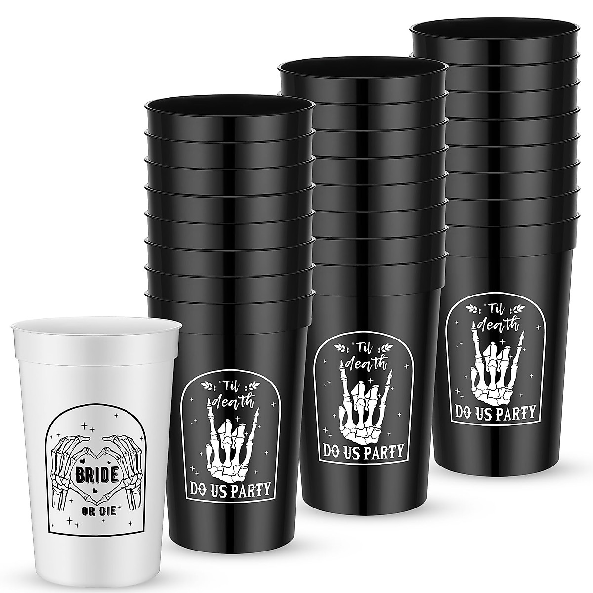Zhehao 25 Pcs Bride or Die Bachelorette Party Themed Black White Cups 16 oz Skull Till Death Do Us Plastic Cup Reusable Bride Cups for Gothic Bridesmaid Bridal Shower Wedding Decorations Favors