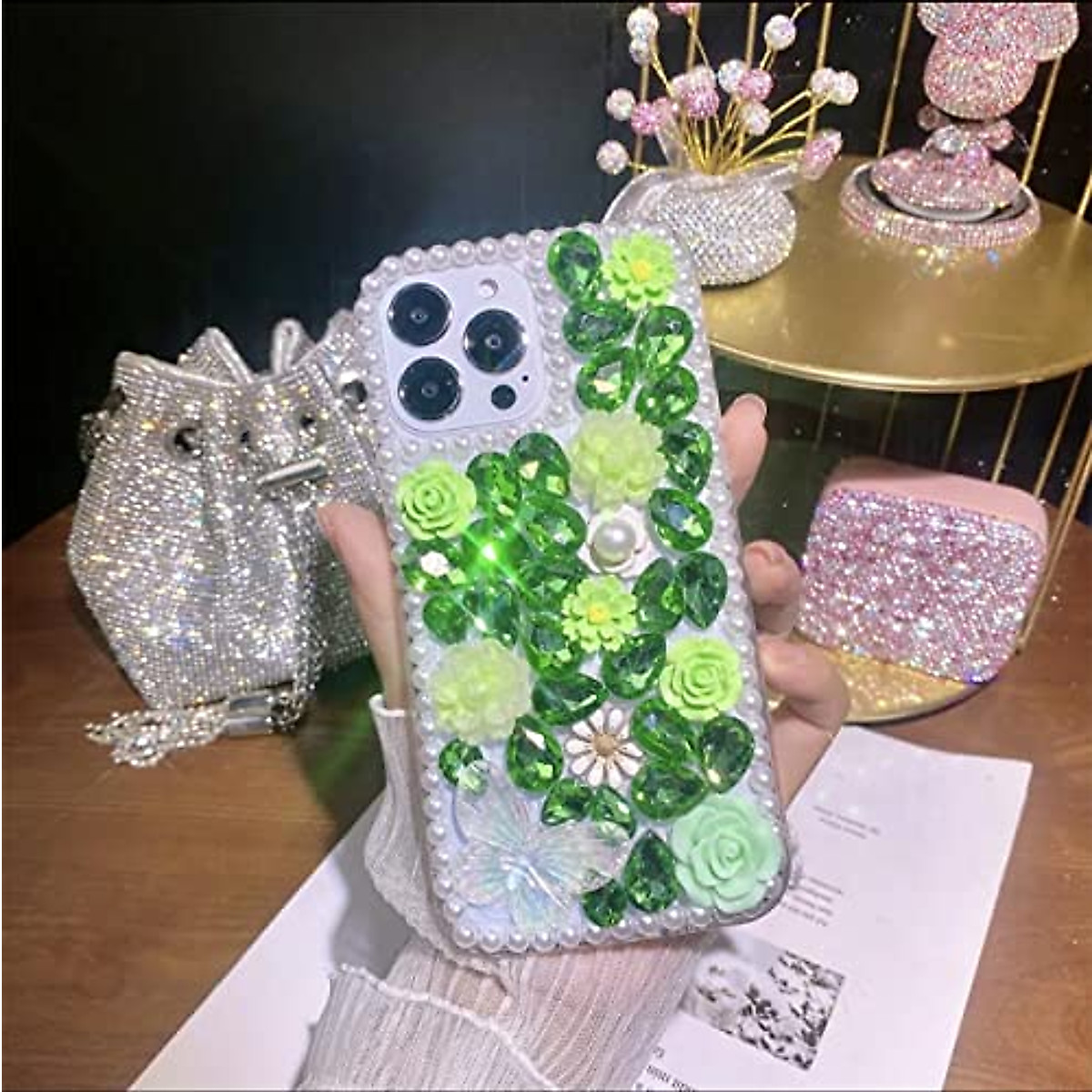 Threesee for Galaxy S9 Plus Bling Glitter Flowers Case,Luxury Crystal Rhinestone Pearl Cover Shiny Diamond Women Girls Kids Floristic Phone Case for Samsung Galaxy S9 Plus