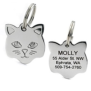 GoTags Cat ID Tag, Personalized Cat Shape Pet ID Tag in Stainless Steel, Includes up to 4 Lines of Custom Engraved Text – Stainless Steel, Kitty Face