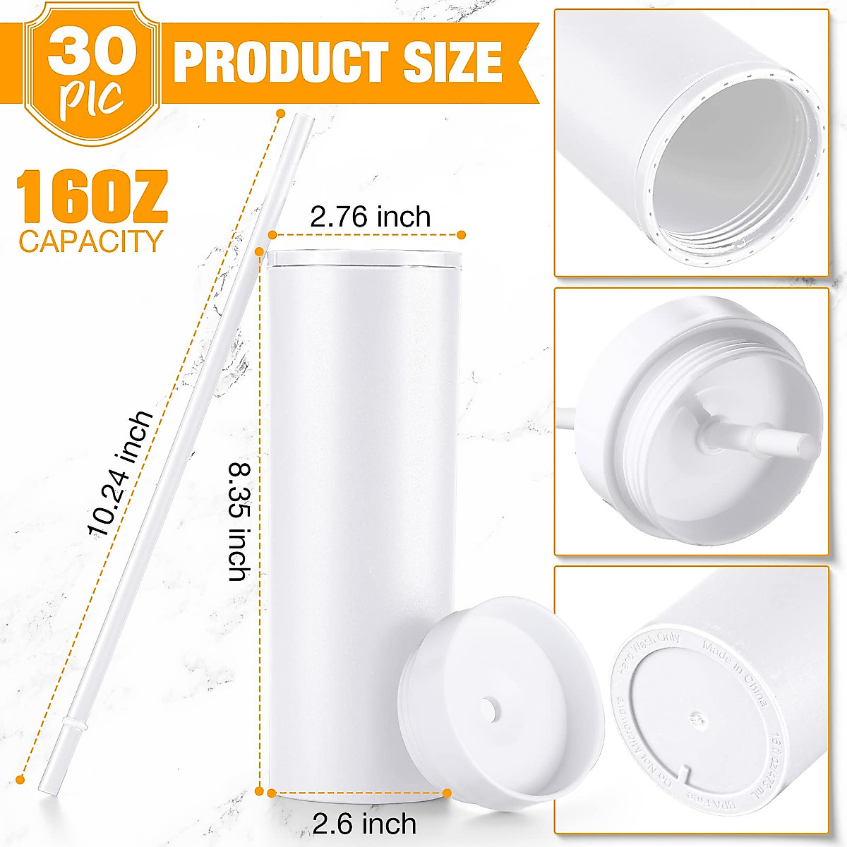 Mimorou 30 Pack Skinny Tumbler with Lids and Straws 16 oz Matte Colored Acrylic Tumblers Double Wall Plastic Tumbler Cups Skinny Travel Cup Reusable Cup for Parties Birthday Home Office(White)