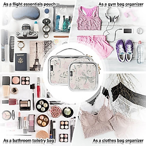 Roses Buds Dragonflies 2 Pieces Clear Makeup Cosmetic Toiletry Bags for Women Men PVC Waterproof Portable Travel Storage Carry Pouch with Gold Zippers Organizer Case for Traveling Bathroom Organizing