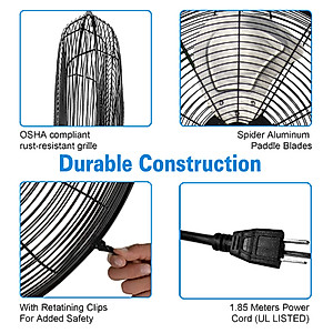 KEN BROWN 20 Inch Pedestal Floor Fan 6000CFM, Oscillating Standing Fan, Adjustable Height, 3 Speeds, Aluminum Blades, Metal Stand Up Fan For Industrial, Commercial, Residential, Shop