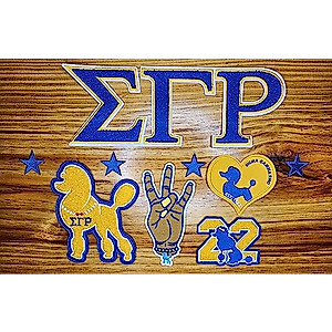 5 pc Blue and Gold Sigma Gamma Rho Iron on Chenille and Embroidered Patch Set.