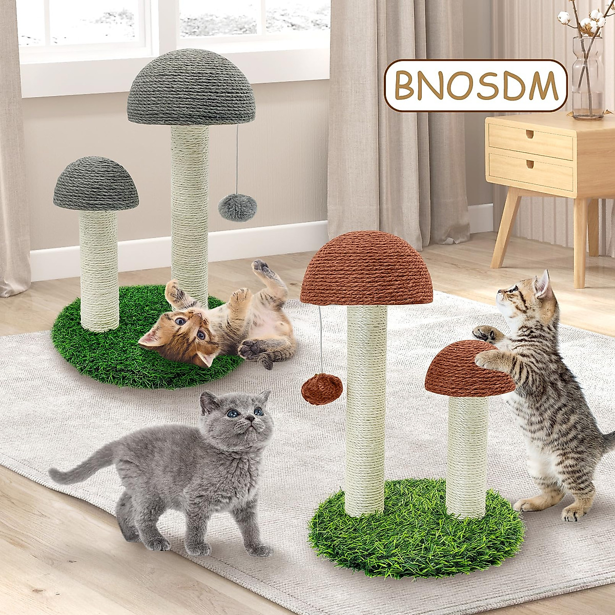 BNOSDM Mushroom Cat Scratching Post, Cat Scratcher with 2 Sisal Poles 12 Pcs Cat Toys and Hanging Ball, Pet Interactive Toy Scratch Post for Indoor Kitten Kitty Small Cats (Coffee)