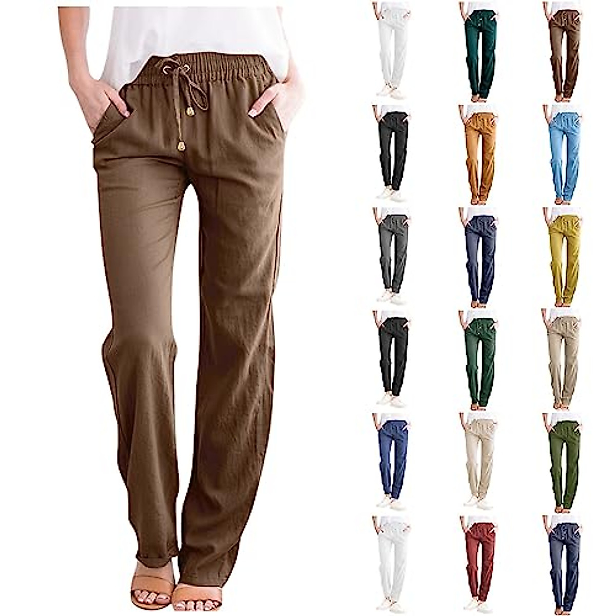 HRSTUYL Womens Linen Pants Summer Pants for Women 2023 Capri Yoga Pants with Pockets Women Casual Cotton and Linen Solid Drawstring Elastic Waist Long Straight(Brown-1,M)