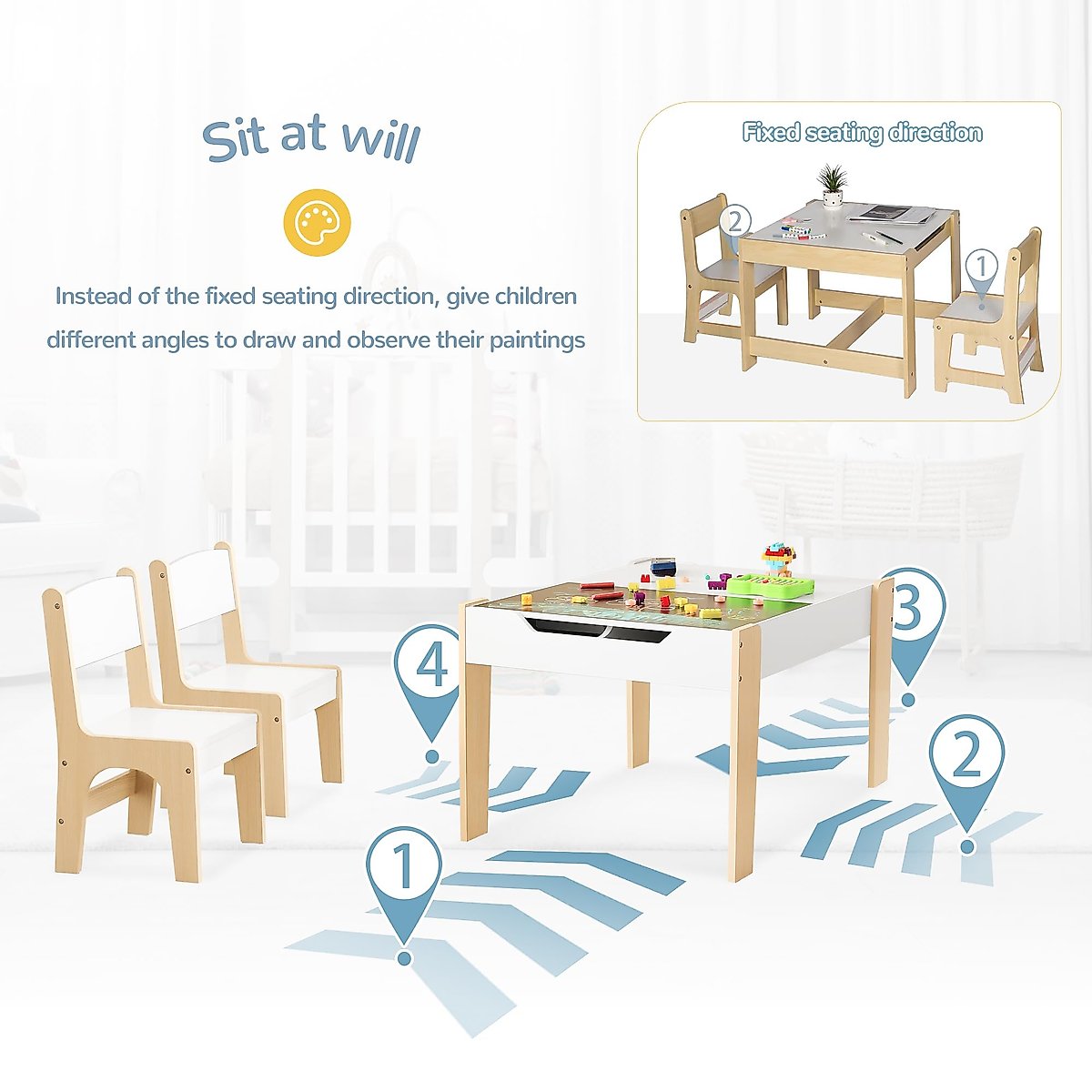 Curipeer 4 in 1 Kids Table and Chair Set, Table and Chairs for Toddlers 2-5 with 2 Reversible Blackboard, Children's Table with Storage for Activity/Play/Art/Read/Craft, White and Natural Color