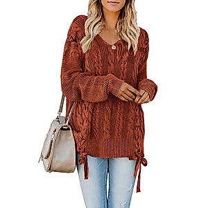 Womens Pullover Sweaters Plus Size Cable Knit V Neck Lace Up Long Sleeve Fall Jumper Tops Black