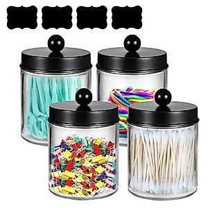 4Pcs Cotton Ball Holders with Lid, 9oz Clear Qtip Holder Dispenser Plastic Apothecary Jar Containers for Vanity Makeup Organizer Storage Bathroom Accessories Set for Cotton Swab, Ball, Pads (Black)