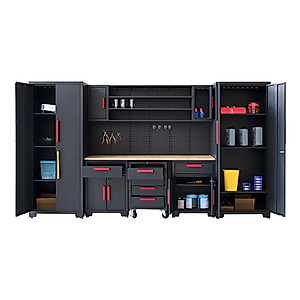 4utoHydra 9-Pcs Workshop Cabinet Set in Black with Workbench - Perfect for Organizing Garage and Tools - Included Steel Cabinets Drawers Shelving Rolling Chest, RD-QGPGC103000