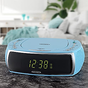 Jensen Sky Blue Modern Home CD Tabletop Stereo Clock Digital AM/FM Radio CD Player Dual Alarm Clock CD Top-Loading Player | USB Charging Port DV 5V 800mA | Headphone Jack | 0.9 Display Green LED