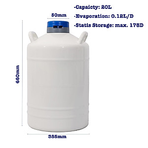 Generic Liquid Nitrogen Tank, 20L Cryogenic Container, Liquid Nitrogen Dewar, Liquid Nitrogen Container with Lock Cap, 6X Canisters & Protective Bag, Mouth Ø50mm, Static Storage 178 Days
