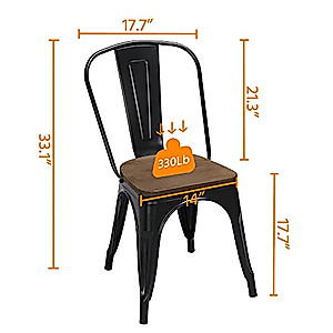 Yaheetech 18 Inch Classic Iron Metal Dining Chair with Wood Top/Seat Indoor-Outdoor Use Chic Dining Bistro Cafe Side Barstool Bar Chair Coffee Chair Set of 4 Black