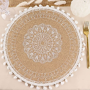 BalsaCircle 4 Natural 15 in Round Burlap Jute Placemats White Prints Beaded Trim Wedding Party Events Reception Decorations Supplies