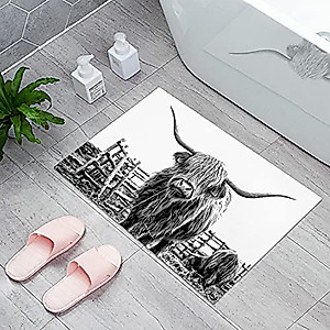 Welcome Doormat Scottish Highland Cow Gray Amimal Art White Back,Non Slip Indoor Floor Mat Bath Rug,Wildlife Entrance Carpet for Bedroom Kitchen Living Room Bathroom Decor 16x24In