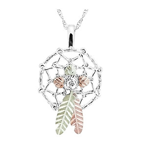 Dream Catcher Feather Pendant Necklace, Sterling Silver, 12k Green Gold, 12k Rose Gold Black Hills Gold, 18''