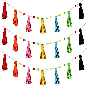 3 Pieces Colorful Rainbow Tassel Garland Pom Pom Garland Boho Tassel Garland Classroom Each 50 Inch Colorful Tassel Garland Banner Decorative Wall for Baby Kids Shower Christmas Decor (Bright Colors)