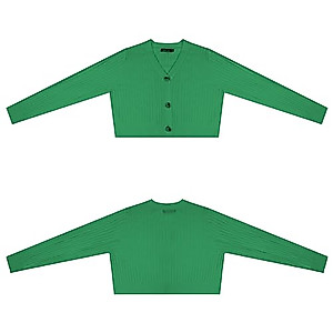 Women's Long Sleeve Cropped Cardigan Sweaters V Neck Solid Button Down Knit Bolero Shrugs Green