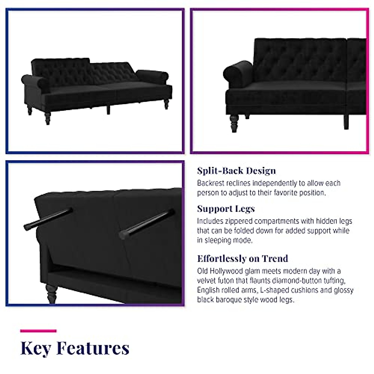 Novogratz Cassidy Upholstered Futon, Black Velvet