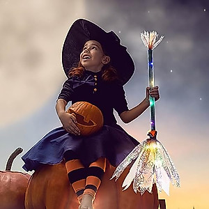 Halloween Witch Broom, 25 in LED Light Decorated Broomstick Witch Sweeper, Kids Cosplay Wicked Broomstick Props (Purple)
