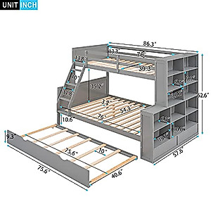 MERITLINE Twin Over Full Bunk Bed with Trundle and Storage Shelves, Solid Wood Bunk Bed Frame, can be Separated into Three Separate Platform Beds, Gray