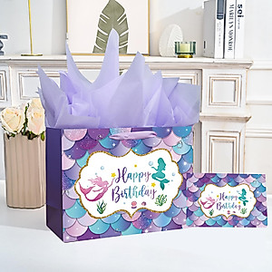 13" Large Mermaid Happy Birthday Gift Bag with Handle, Tissue Paper and Card for Kids Girls