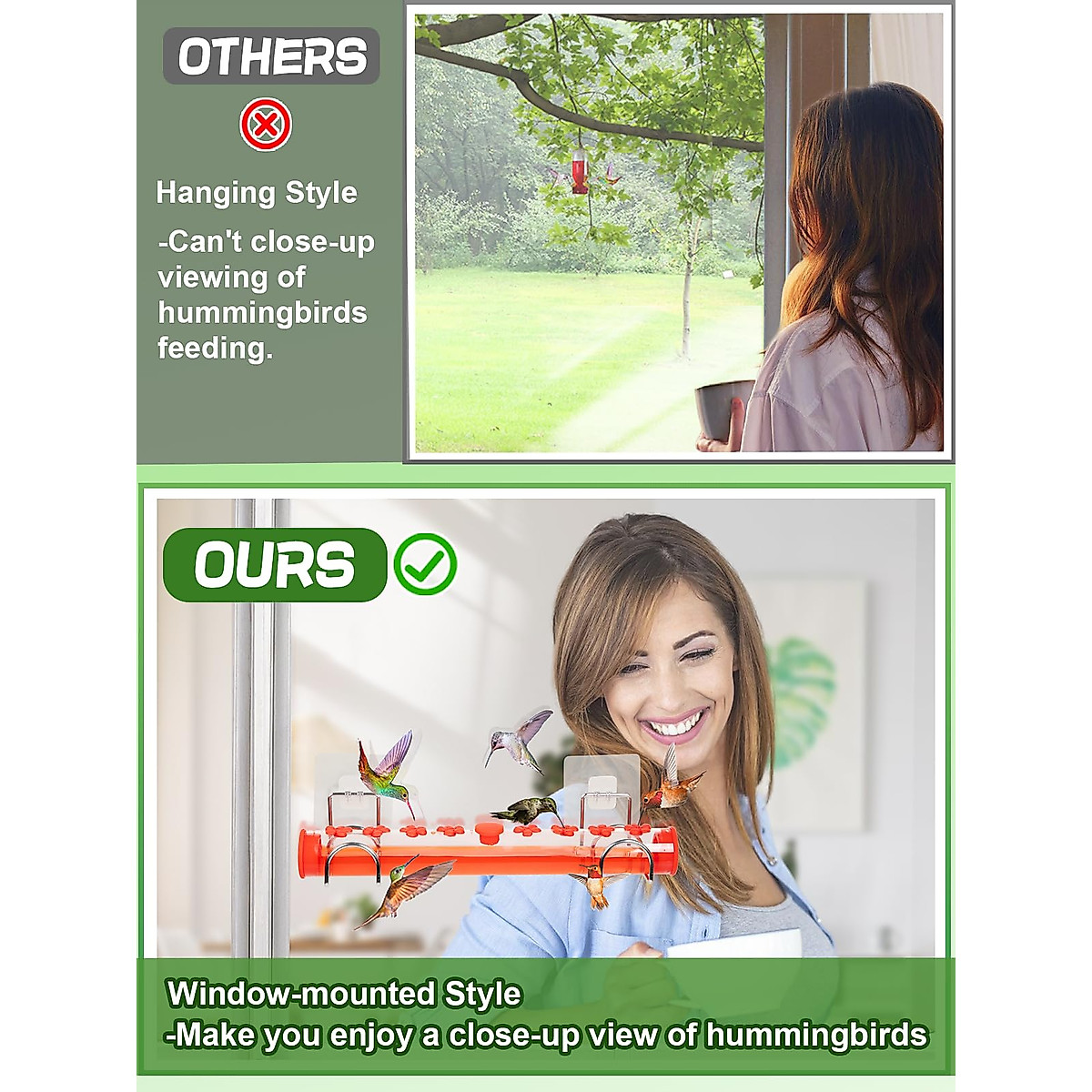 Close-up Viewing Window Hummingbird Feeder with 8 Ports Leak Proof, Top Fill & Easy to Clean Humming Bird Feeders Tube for Outdoors, 2 Pack