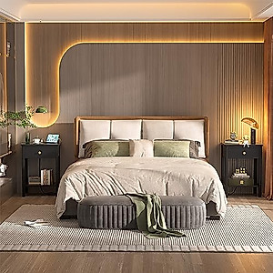 Hoiplu Black Nightstand with Charging Station Set of 2, Bamboo Night Stand Bedside Table with 2 USB Port and Outlet, Real Wood End Table Farmhouse Side Table with Drawer for Bedroom, Living Room