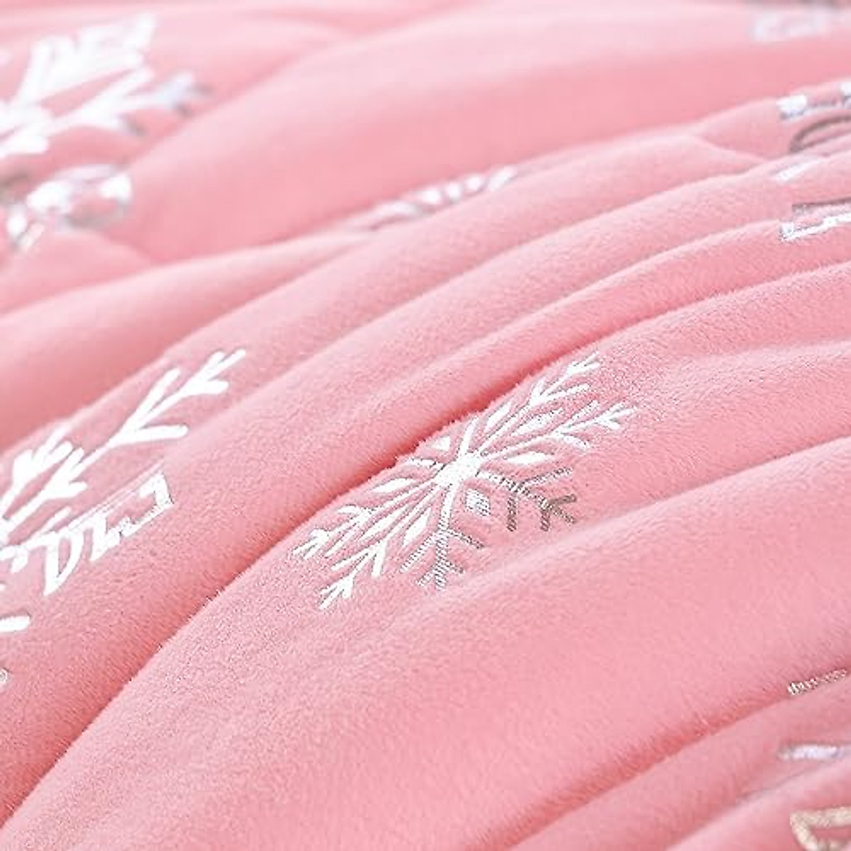 Smoofy Metallic Snowflake Pink Velvet Christmas Comforter Set, Christmas Bedding Set Blush Gold Printed Pattern Luxury Twin Size 2Pcs (1 Comforter, ONLY 1 Pillowcase)