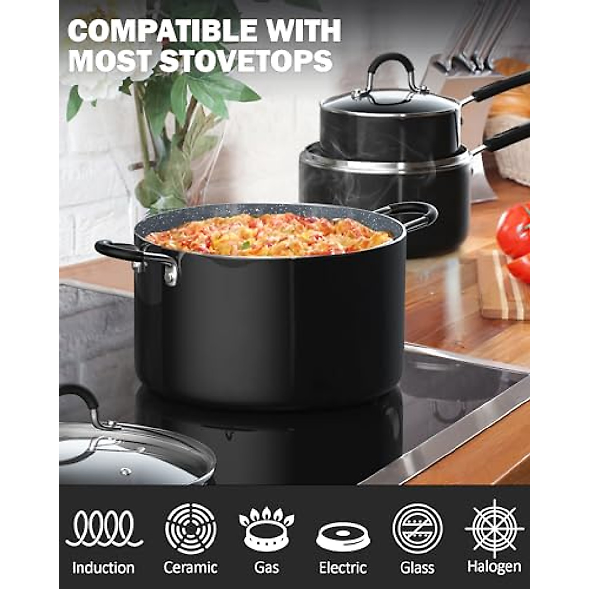 Cook N Home Pots and Pans Nonstick Kitchen Cookware Sets include Saucepan Frying Pan Stockpots 8-Piece, Heavy Gauge, Stay Cool Handle, Marble