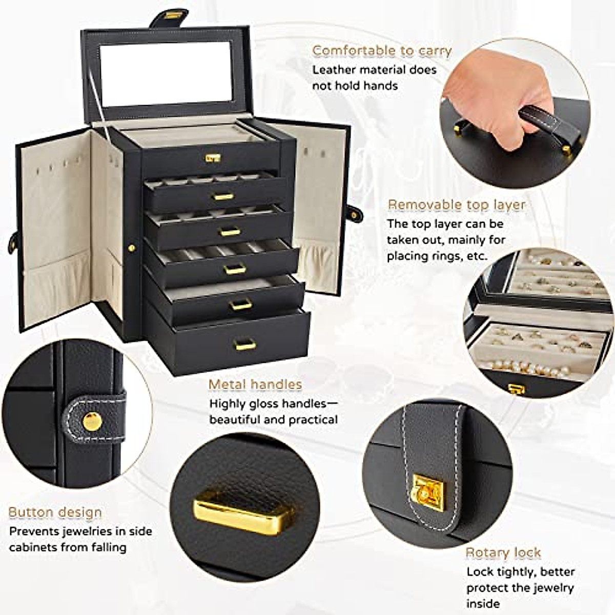 AKOZLIN Huge Jewelry Box Organizer Functional Lockable, Extra Large Leather Jewelry Storage Case for Women Girls Ring Necklace Earring Bracelet Holder Organizer with Mirror Black