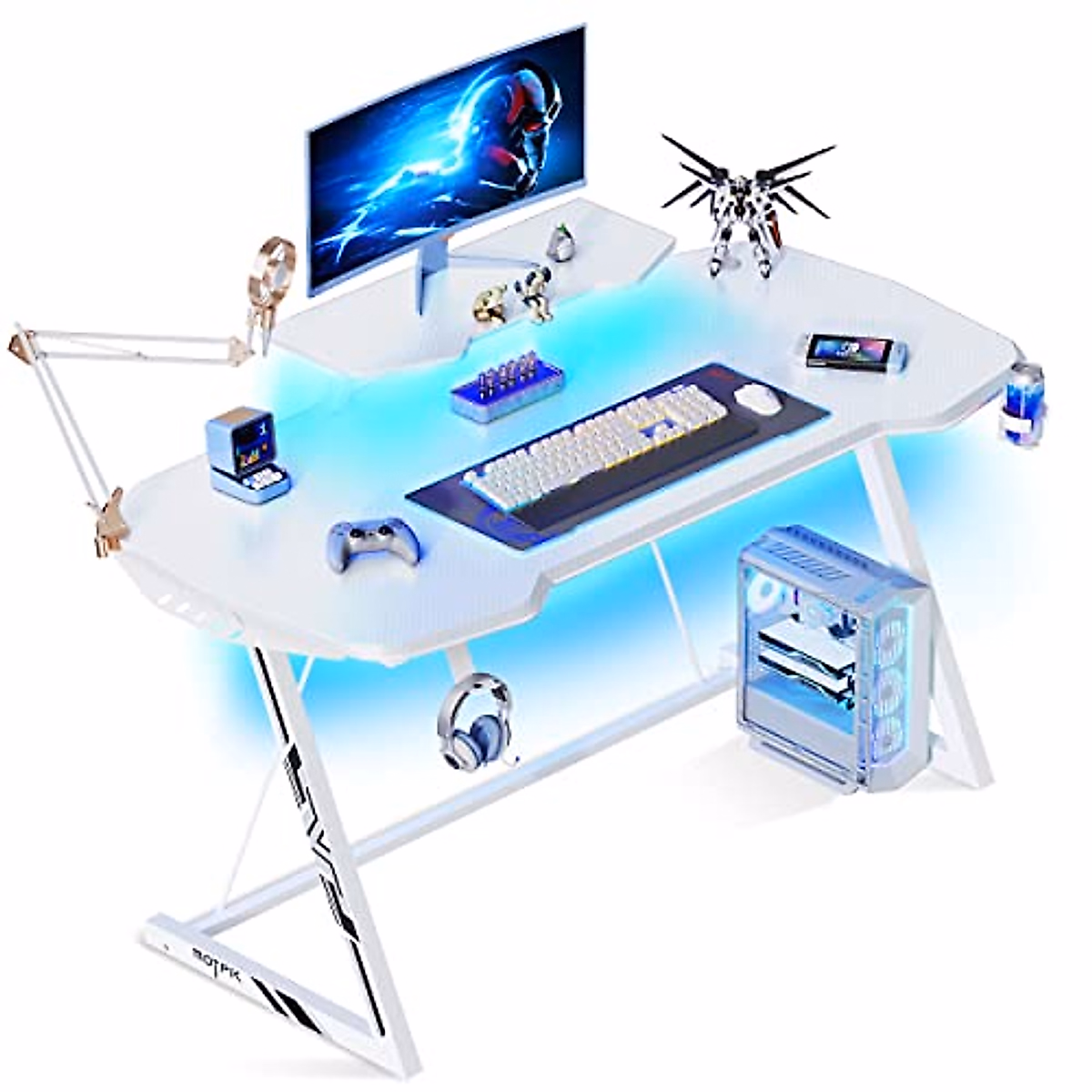 MOTPK White Gaming Desk with LED Lights, Gaming Table Desk 47 inch Z Shaped, Gamer Desk Ergonomic Sturdy, Kids Computer Desk with Monitor Stand Cup Holder and Headphone Hook, Black, Gift Idea
