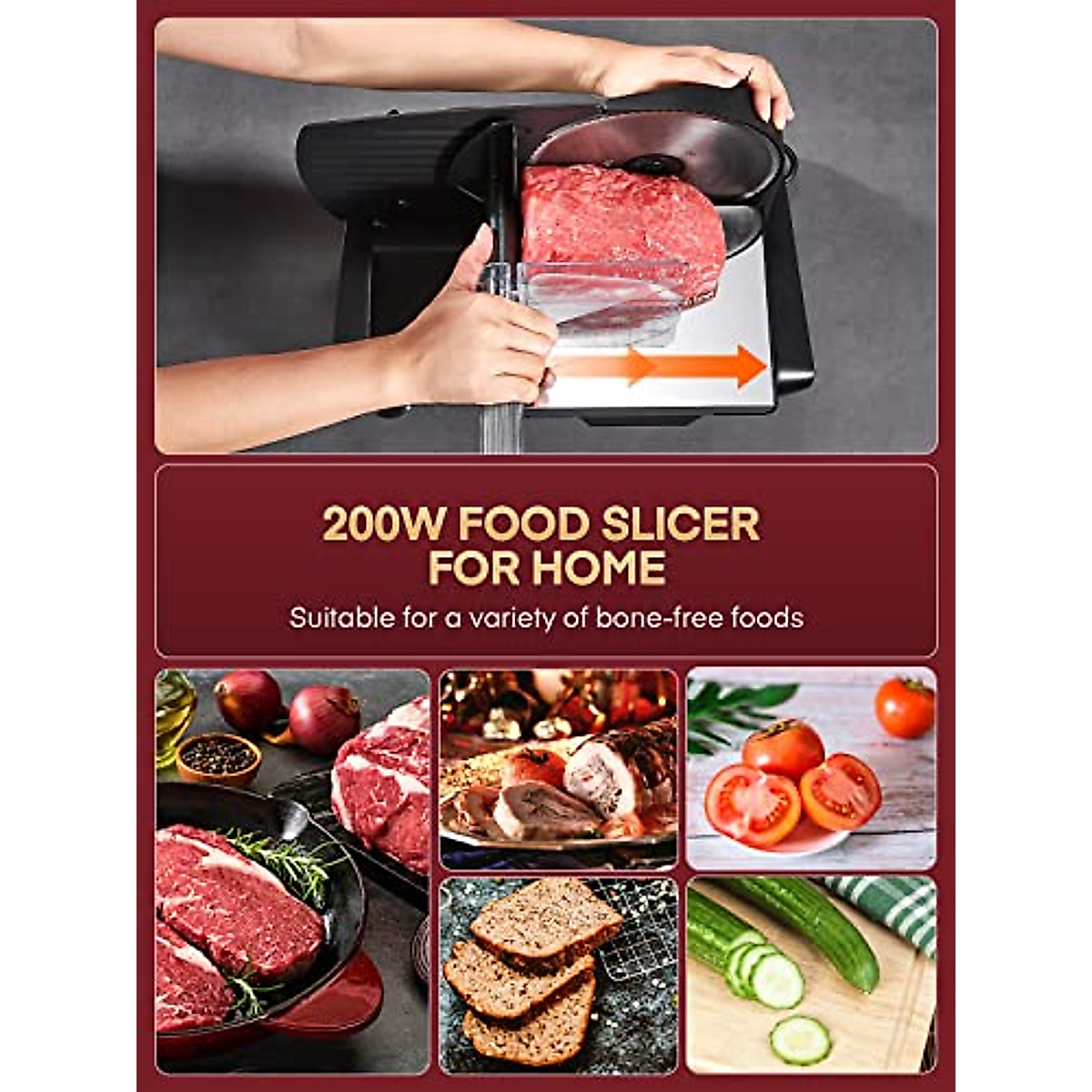 FOHERE Meat Slicer for Home Use, 200W Electric Deli Food Slicer with Removable Two 7.5” Blades, 0-15 Precise Thickness Knob Cut Deli Food, Meat Ham Bread Fruit, Include Food Carriage, Black