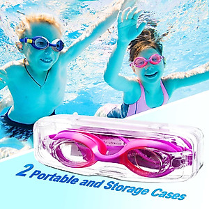 Juatellay Kids Swim Goggles with Cases, 2 Packs No Leaking Anti Fog Swimming Goggles 180° Clear View Kids Goggles for Boys Girls(Age 6-14)
