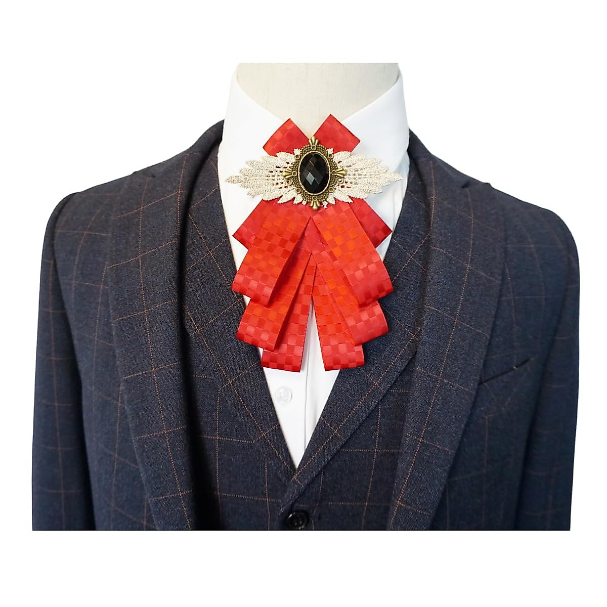 rhinestone brooch Red Bow tie brooch for women men Retro Brooch pins carvat rhinestone broach ribbon fabric collar bow brooch necklace for suits (red)