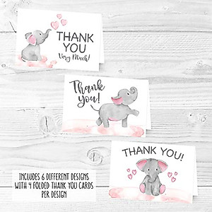 24 Pink Elephant Baby Shower Thank You Cards With Envelopes, Kids Thank You Note, Animal 4x6 Varied Gratitude Card Pack For Party, Girl Children Birthday, Cute Event Appreciation Stationery