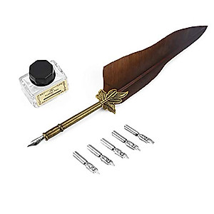Calligraphy Feather Pen Set- Vintage Writing Feather Quill Pen Ink Set- 5pcs Metal Pen Nib Wedding Gift Set (Compass Box Feather Pen)