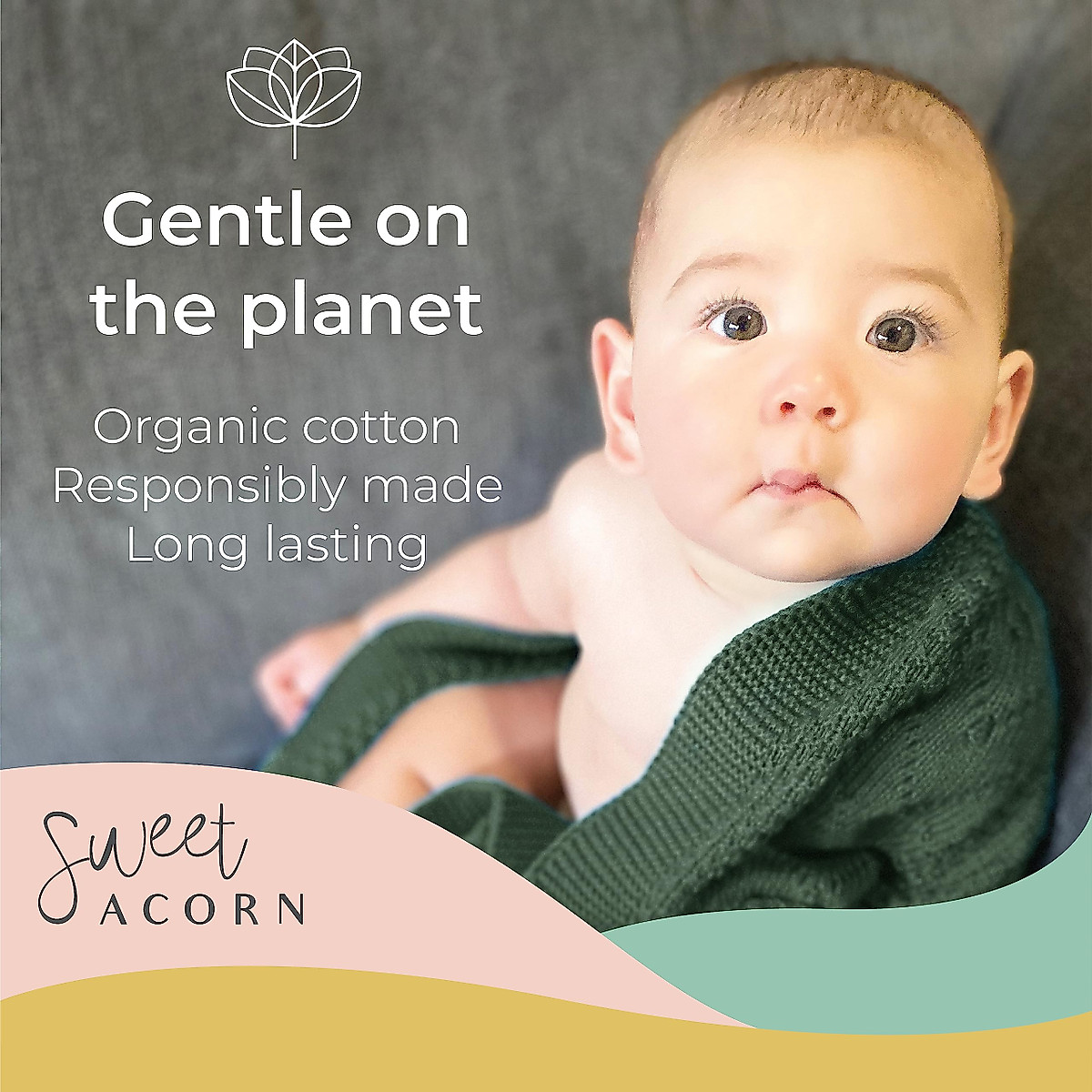 Sweet Acorn Knit Baby Blanket in Cable Pattern, Organic Cotton Blankets for Crib or Stroller, Receiving Blankets - Juniper Green