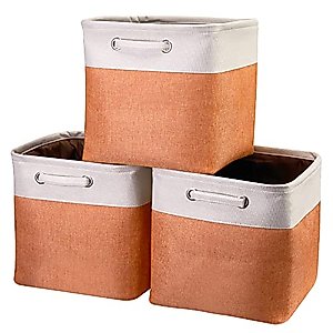 Fabric Cube Storage Boxes Foldable Storage Bins Orange and Beige Patchwork Storage Baskets Cube Storage Bins with Handle Cubes Inserts Storage for Home and Office Supplies 13x13x13 cube organizer bin 3 Pcs/Pack