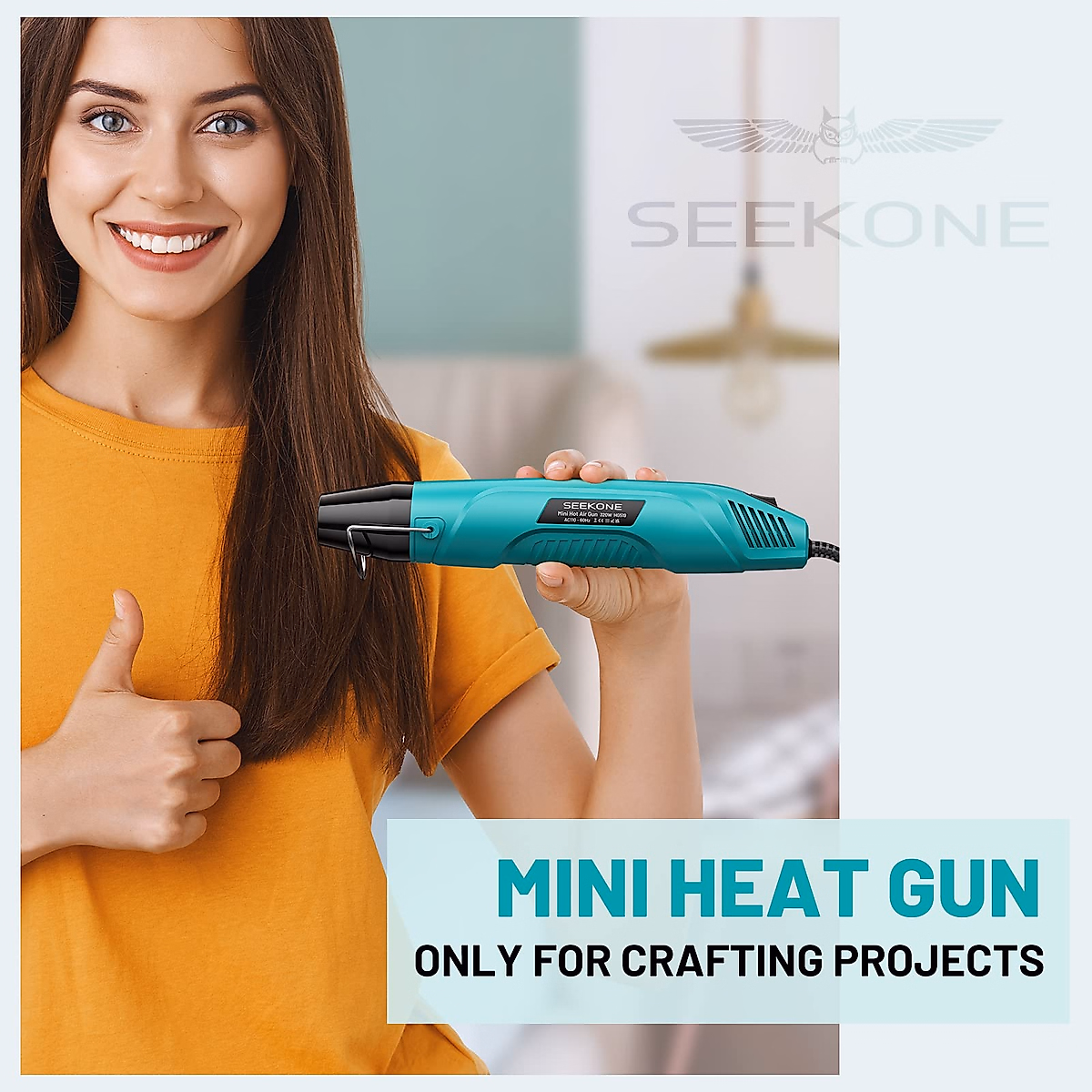SEEKONE Handheld Heat Gun, 662℉ Portable Mini Hot Air Gun with 4.9Ft Long Cable, Overheat Protection and Fast Heating Reflector Nozzle for DIY, Craft Embossing, Shrink Wrapping, Electronics